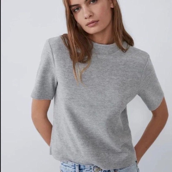 Zara | Tops | Zara Soft Touch Cropped Mock Neck Grey Shirt | Poshmark